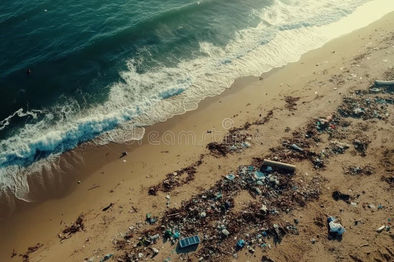 Overhead Perspective of Plastic Debris Scattered Across a Sandy ...