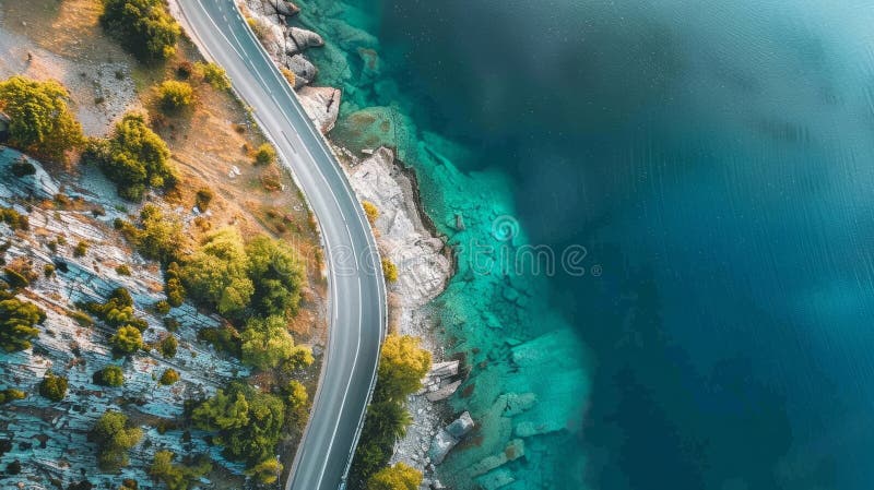 Overhead Perspective of a Road Trip Journey through a Serene Lakeside ...