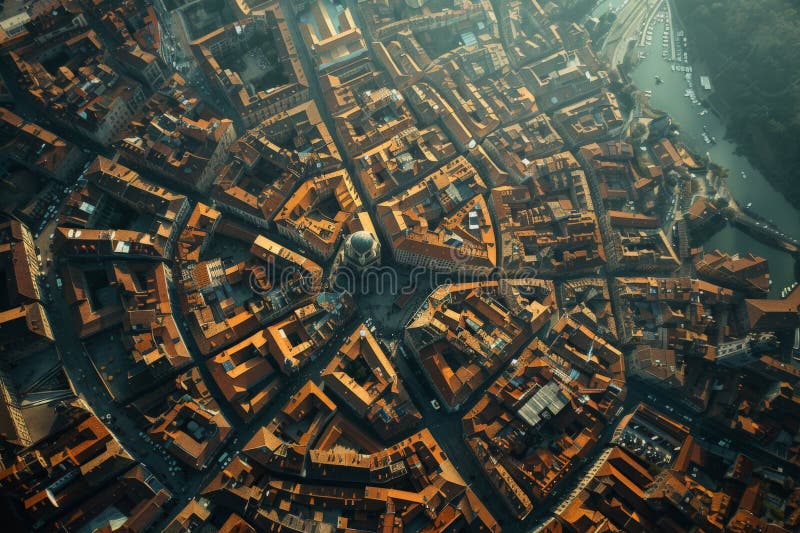 An Overhead Perspective of a Town Overlooking a River Stock Image ...