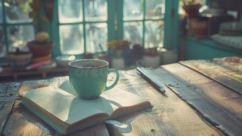 Overhead Perspective of a Wooden Table with a Coffee Cup and Journal ...