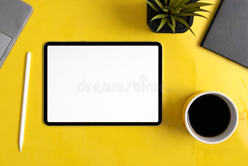 Top View of a Yellow Work Surface with Mockup Tablet, Plant and Coffee ...