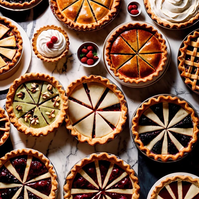 Overhead Photo of Different Pies, Tarts, and Deserts on White Marble ...
