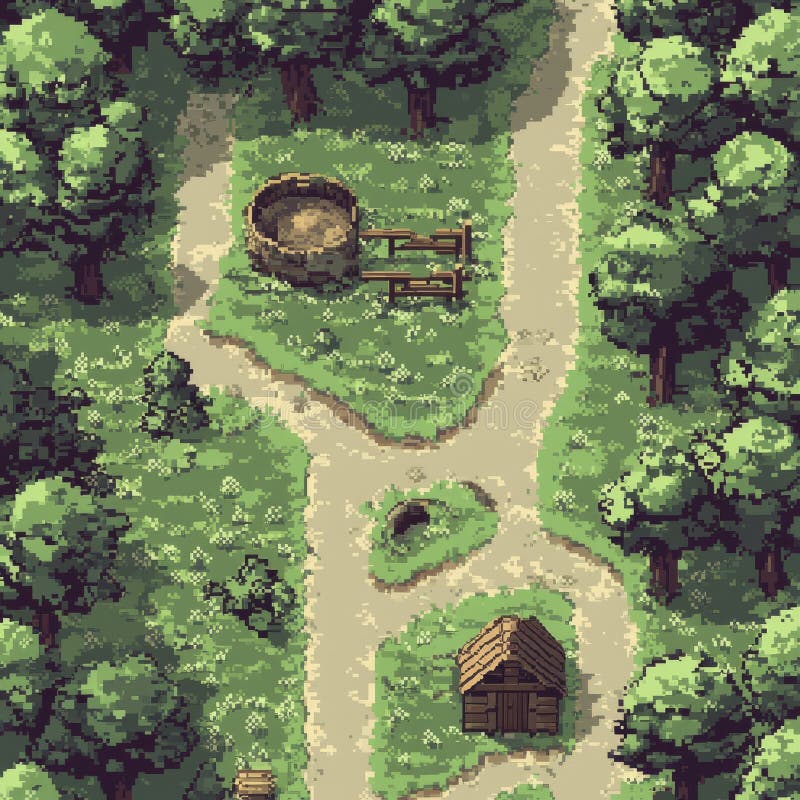 An Overhead Pixel Art View of a Forest Path with a Stone Bridge and a ...
