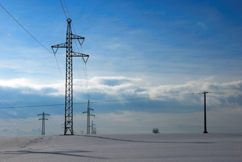 Broken Phase Electrical Power Lines with Hoarfrost on the Wooden ...