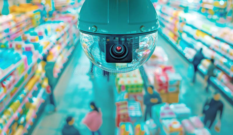 Overhead Security Camera Capturing Activity in a Busy Supermarket Stock ...