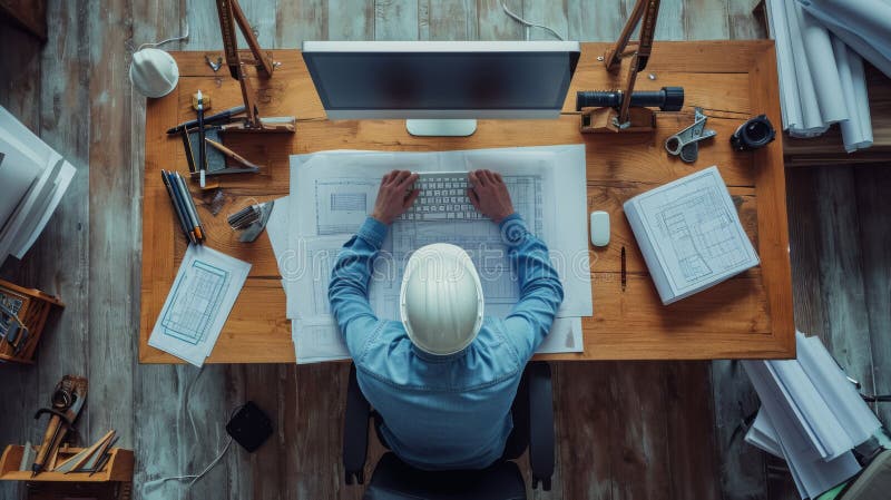Overhead Shot of an Architect Working at a Desk with Blueprints. AI ...