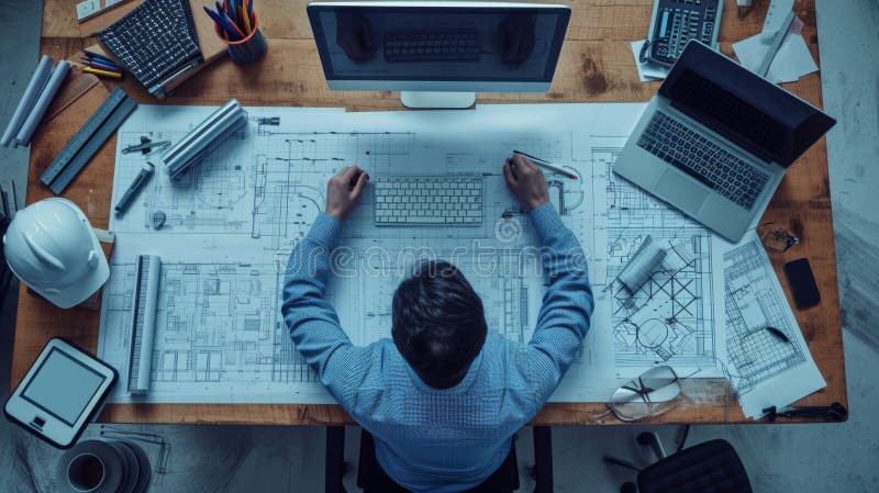 Overhead Shot of an Architect Working at a Desk with Blueprints. AI ...