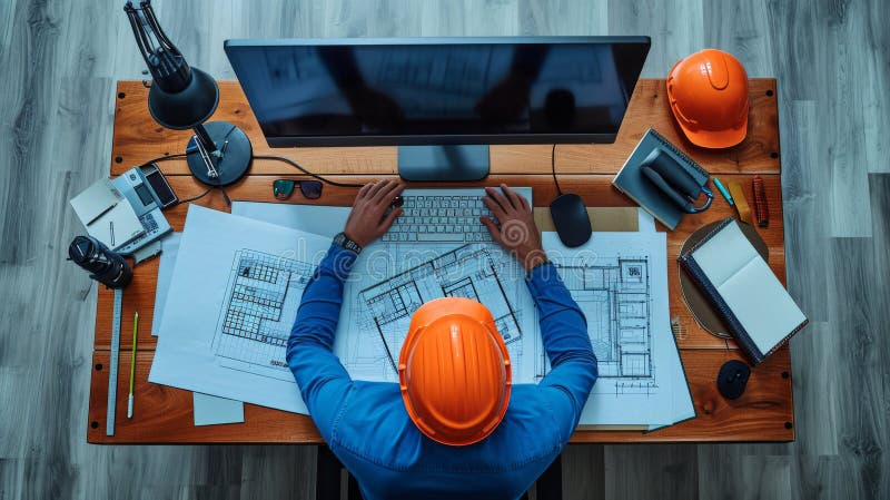 Overhead Shot of an Architect Working at a Desk with Blueprints. AI ...