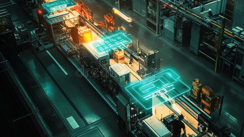 An Overhead Shot of an Assembly Line Where Virtual Instructions Hover ...