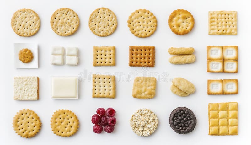 Assorted Crackers and Confectionery Items on White Background Stock ...