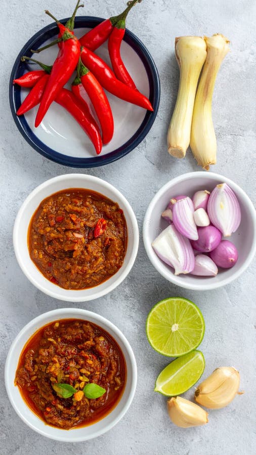 Overhead Shot of Assorted Fresh Ingredients for Chili Paste Preparation ...