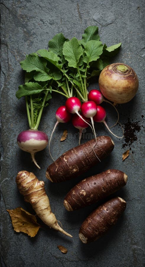 Overhead Shot of Assorted Root Vegetables on Dark Surface Stock ...