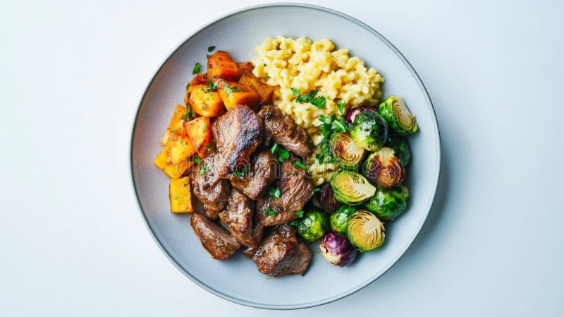 Overhead Shot of a Balanced Meal: Roasted Meat, Butternut Squash ...