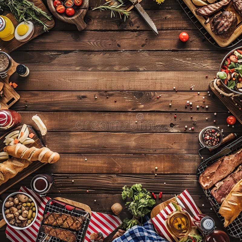 Overhead Shot of BBQ Feast on Rustic Wood Stock Photo - Image of ...