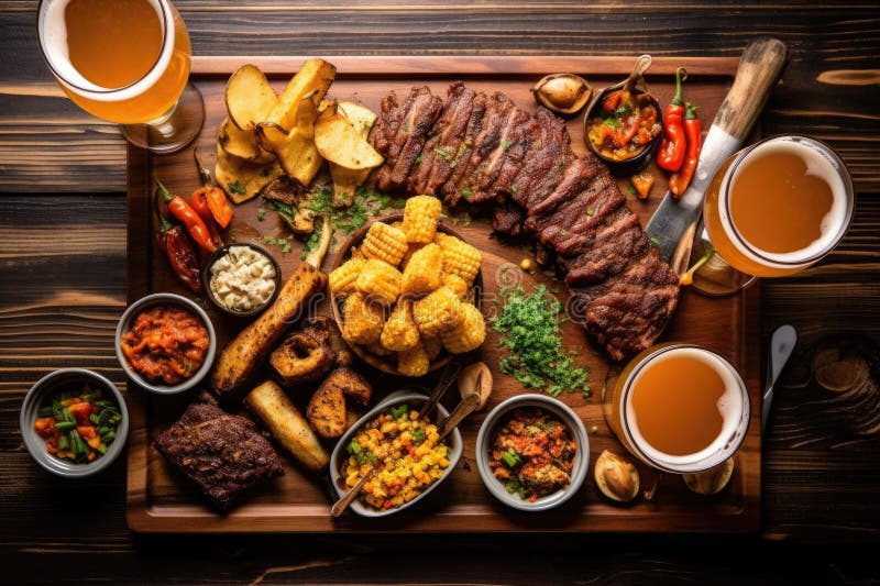 Overhead Shot of Bbq Platter Paired with Craft Beer Flight Stock ...