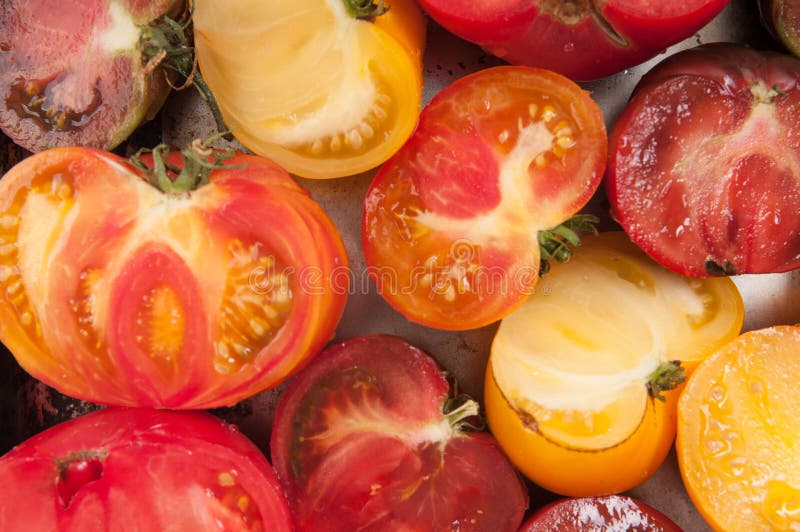 Overhead Shot of Big Beautiful Heirloom Tomatoes Sliced in Half Stock ...
