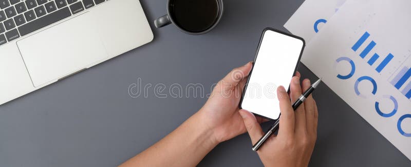 Overhead Shot of Businessman Using Mock-up Smartphone while Working ...
