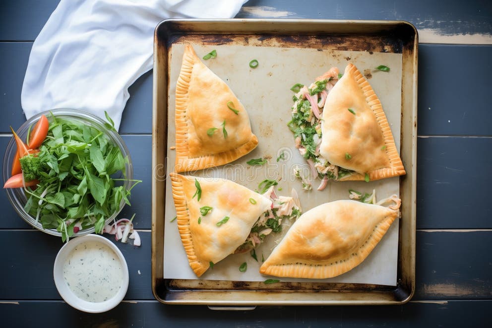 Overhead Shot of Calzones on Baking Sheet Stock Illustration ...