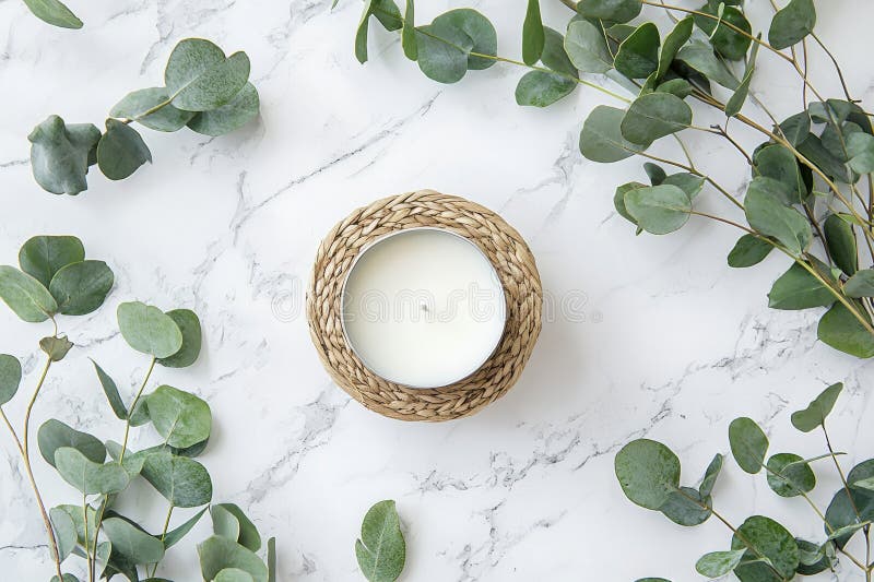 An Overhead Shot of Candles on a Rattan Mat and Eucalyptus on a White ...