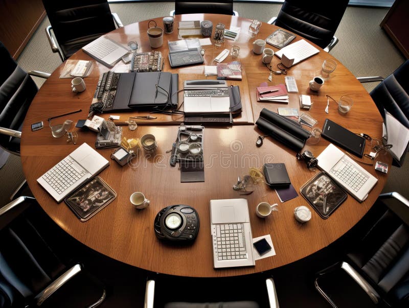 Conference Table with Business Tools and Technology Stock Illustration ...