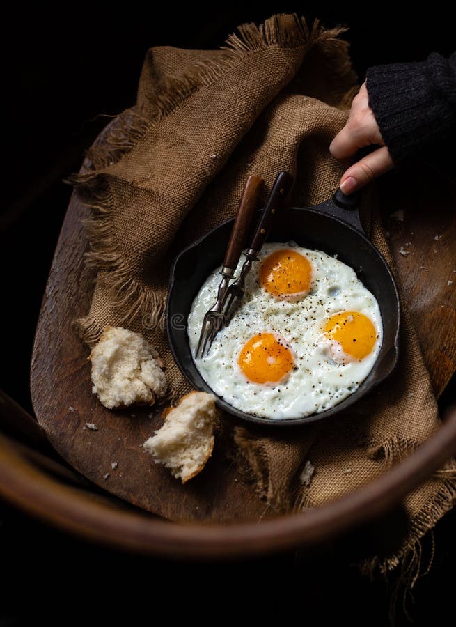 Overhead Shot of Cast-iron Pan with Three Fried Eggs Stock Image ...