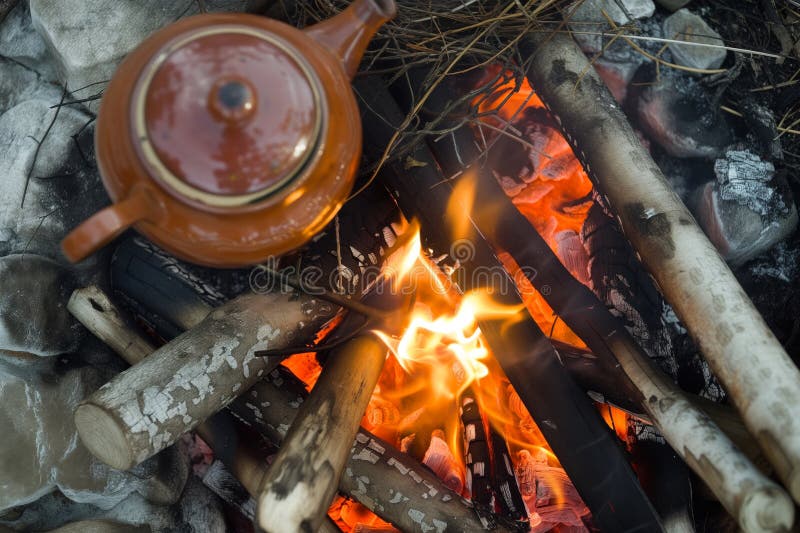 Overhead Shot of a Ceramic Kettle Boiling Over an Open Fire Stock Image ...