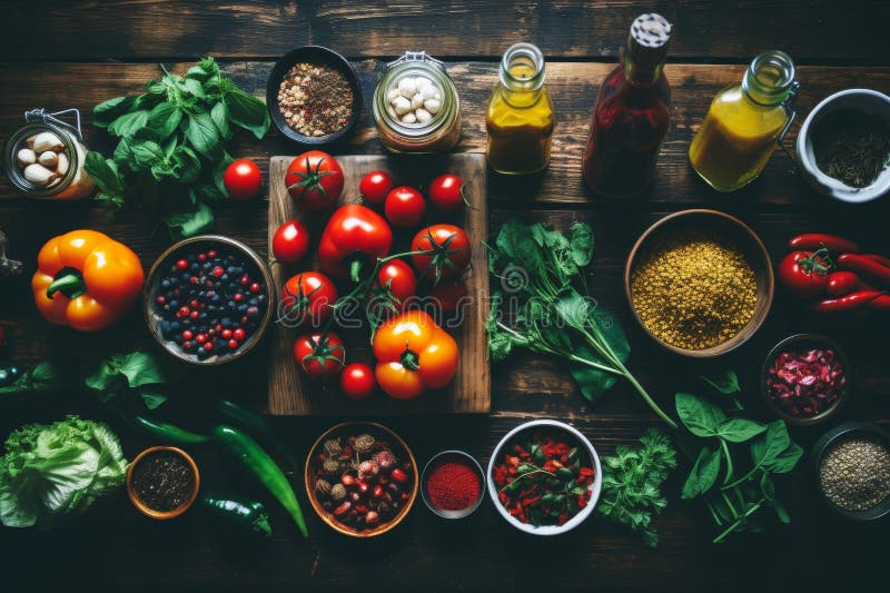 Overhead Shot of a Cluttered Kitchen Counter with Fresh Ingredients and ...
