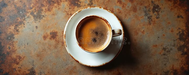 Overhead Shot of Coffee Cup, Saucer on Old Rusty Surface. Espresso with ...