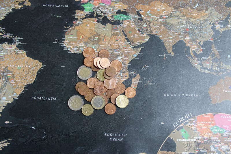 Overhead Shot of Coins on a World Map Stock Image - Image of money ...