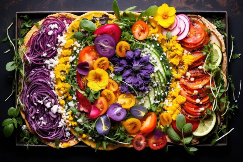 Overhead Shot of a Colorful Flatbread Pizza with Fresh Toppings Stock ...