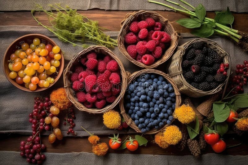 Overhead Shot of Colorful, Freshly Picked Berries on a Rustic Table ...