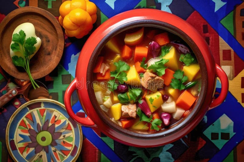Overhead Shot of Colorful Stew in a Vibrant Ceramic Bowl Stock ...