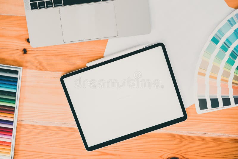 Overhead Shot of Comfortable Graphic Design Workplace with Blank Screen ...