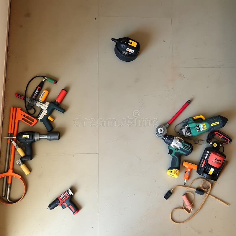 Overhead Shot of a Concrete Floor Preparation Area with Various Hand ...