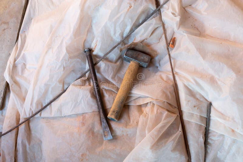 Overhead Shot of Construction Tools on White Plastic Bags Stock Image ...