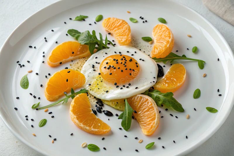Overhead Shot of a Creative Egg Dish with Orange Slices and Black Seeds ...