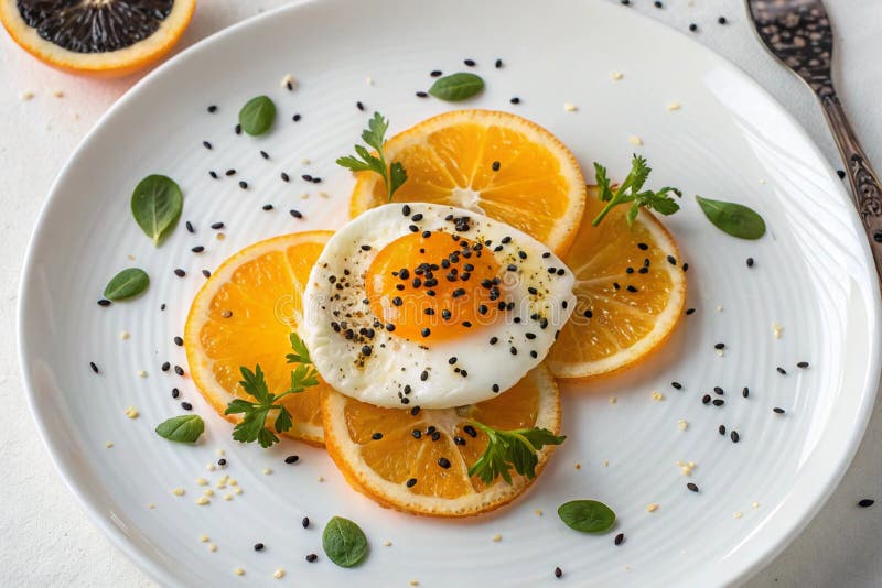 Overhead Shot of a Creative Egg Dish with Orange Slices and Black Seeds ...