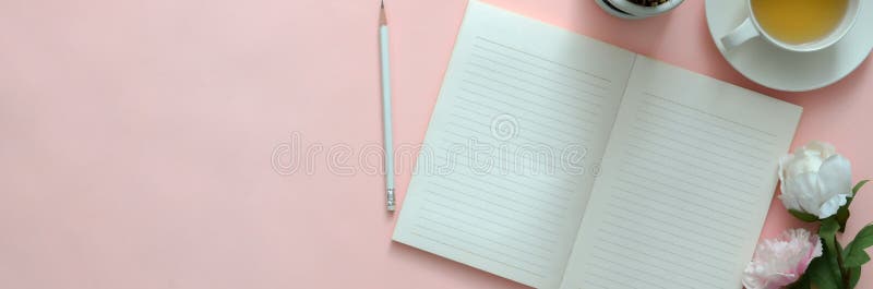 Overhead Shot of Creative Home Office with Open Diary Notebook on Pink ...