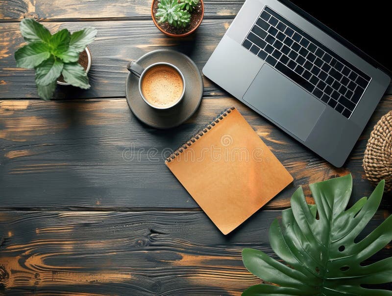Overhead Shot of Dark Modern Workspace with Laptop Computer and Open ...