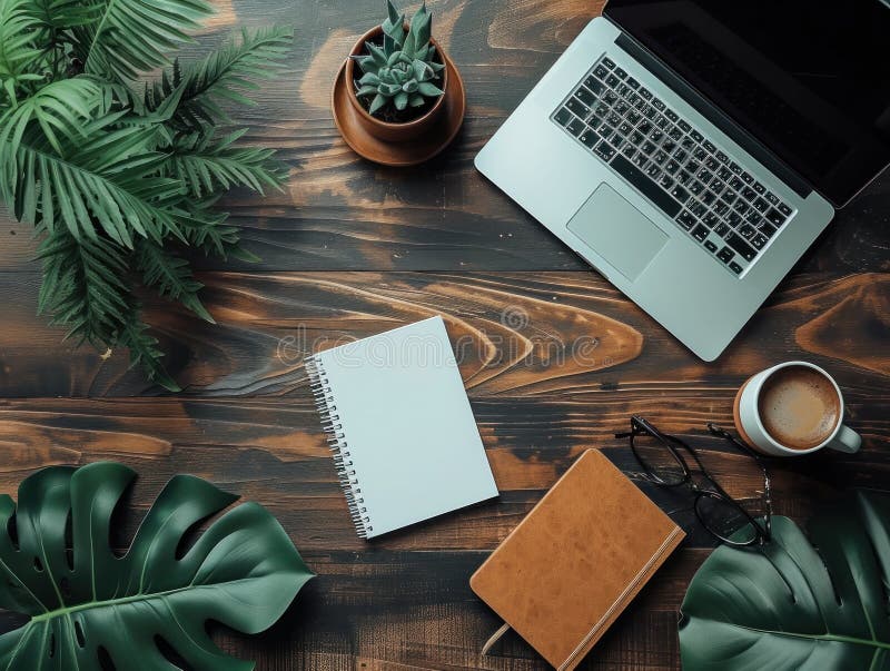 Overhead Shot of Dark Modern Workspace with Laptop Computer and Open ...