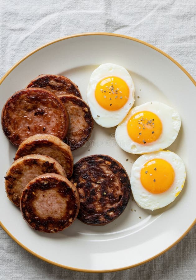 Overhead Shot Delicious Breakfast Plate Fried Eggs Sliced Sausage Stock ...