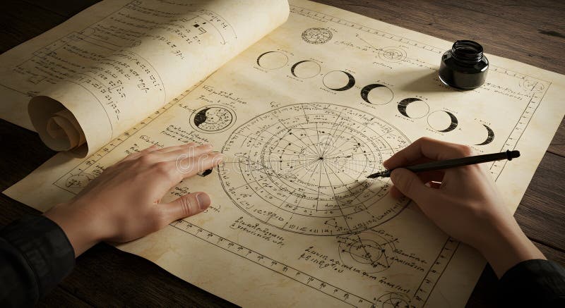Hands Drawing Celestial Chart with Ink, Ai Generated Stock Illustration ...