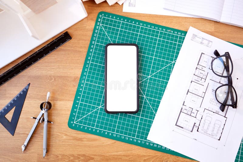 Overhead Shot of Desk in Architects Office with Plans Drawing ...