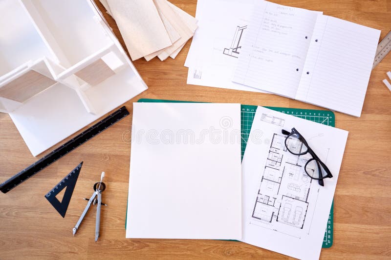 Overhead Shot of Desk in Architects Office with Plans Drawing ...