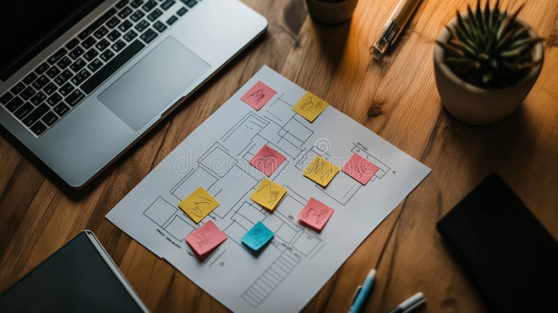Overhead Shot of a Desk with a Flowchart, a Laptop, and Scattered ...