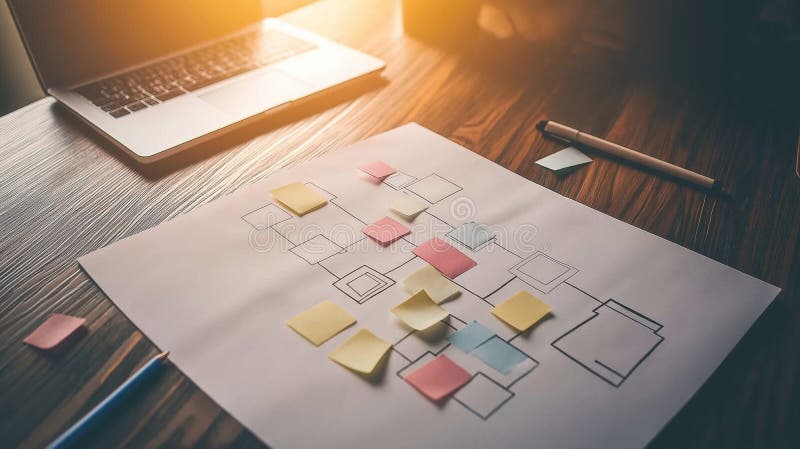 Overhead Shot of a Desk with a Flowchart, a Laptop, and Scattered ...