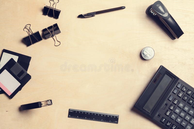 Overhead Shot of a Desk with Various Office Tools, and Calculator Stock ...