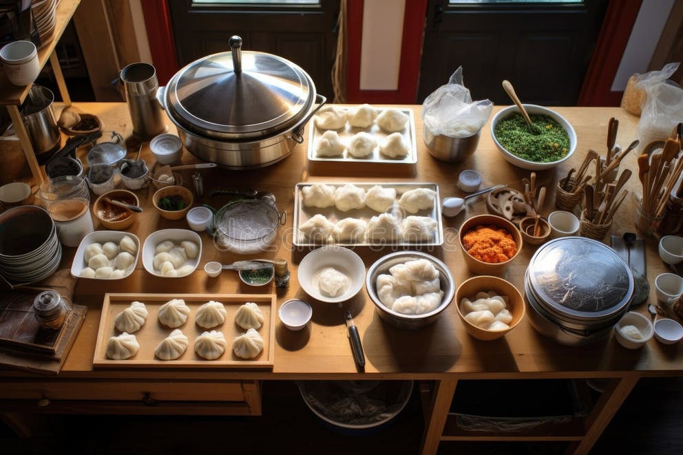 Overhead Shot of Dumpling Making Setup Stock Photo - Image of overhead ...