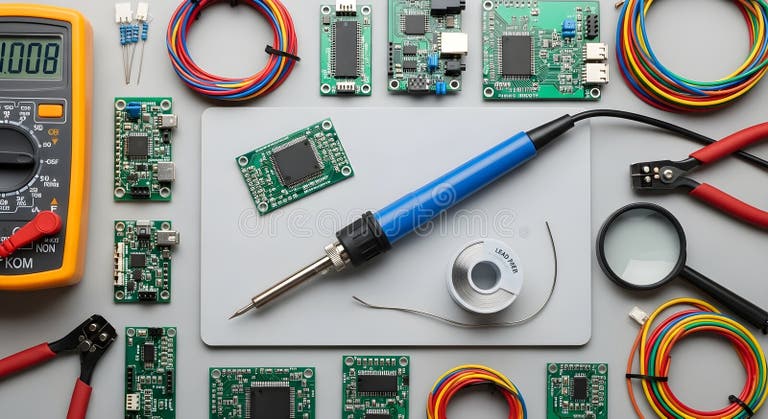 Overhead Shot of Electrical Components and Tools, Perfect for Electronics, Engineering, and ...