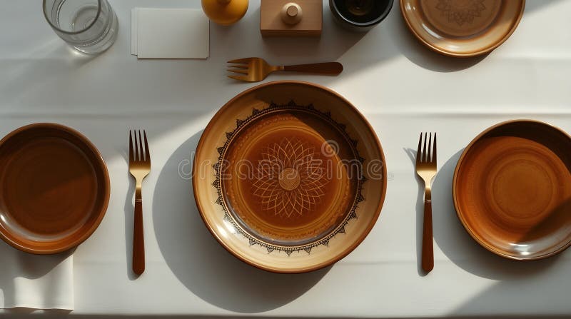 Overhead Shot of Elegant Table Setting with Plates, Forks, and Sunlight ...